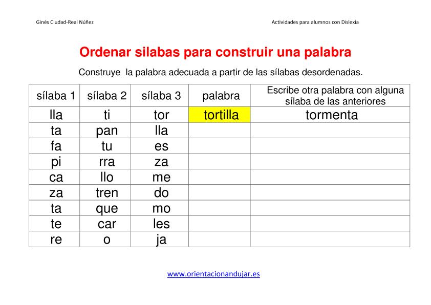 Ejercicios dislexia ordenar sílabas para construir una palabra imagen 1 ...