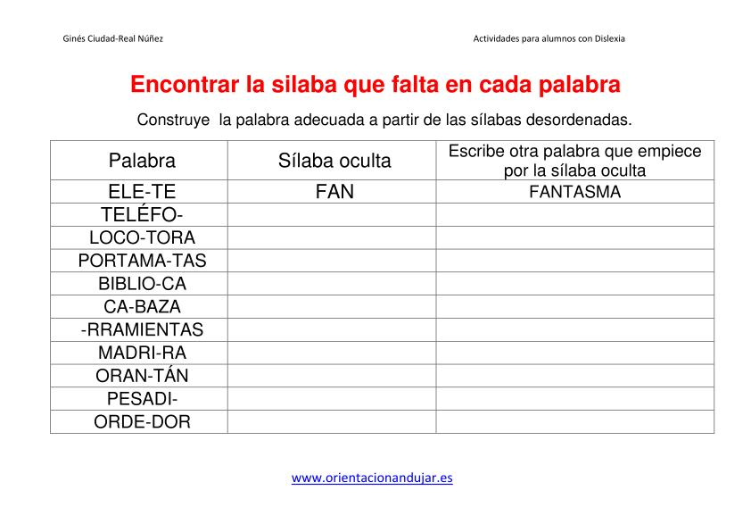 Encontrar la silaba que falta en cada palabra imagen 1 - Orientación ...