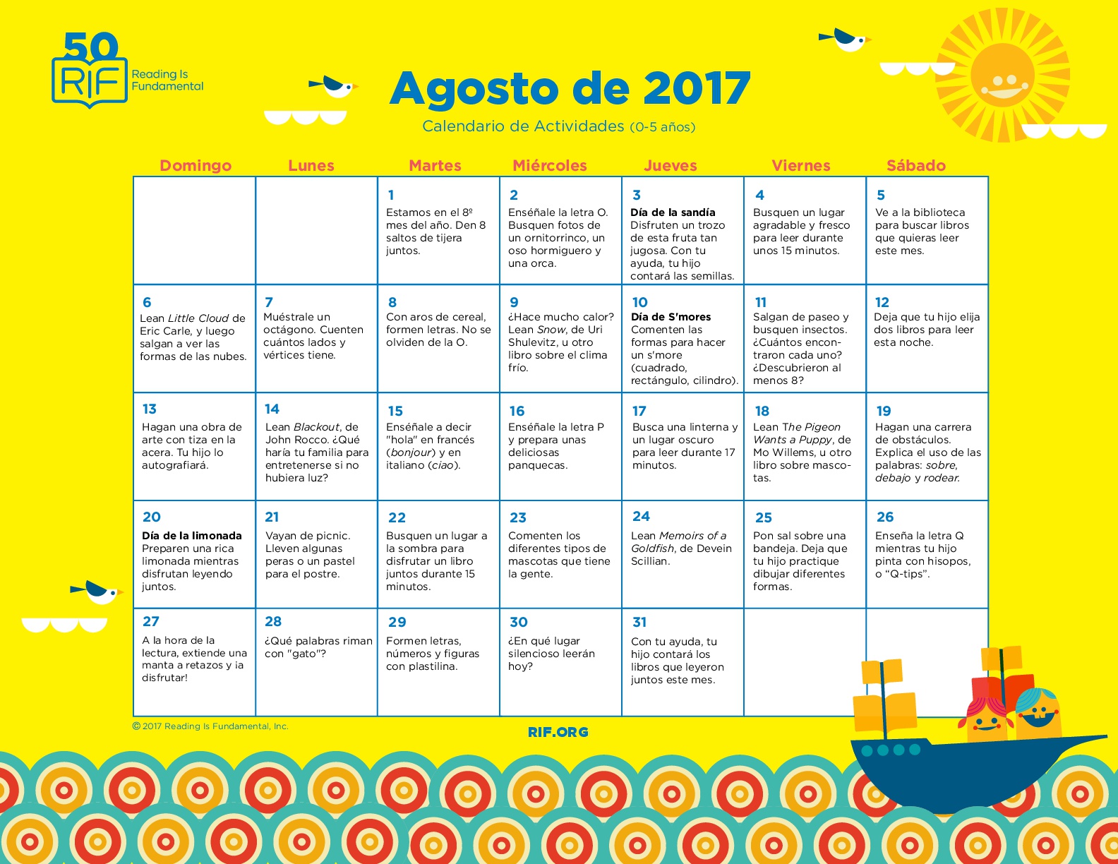Calendario de actividades para trabajar la lectura de 0 a 5 años mes de ...