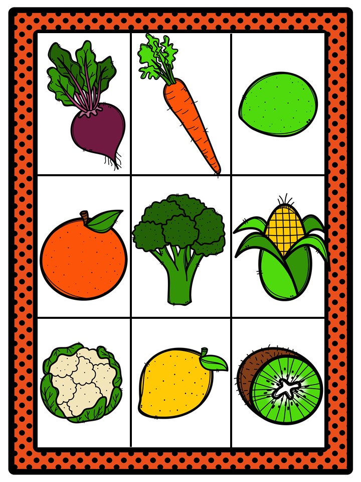 CARTAS DE LOTERÍA para trabajar frutas y verduras -Orientacion Andujar