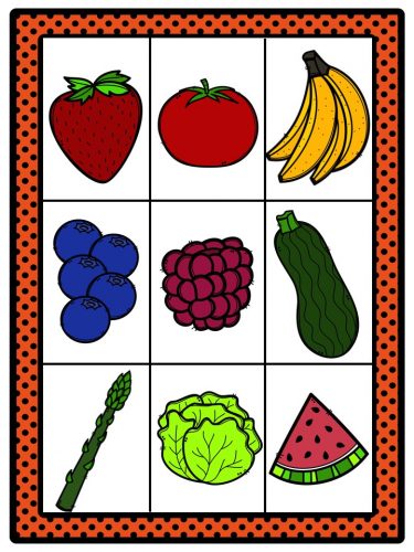 CARTAS DE LOTERÍA para trabajar frutas y verduras -Orientacion Andujar