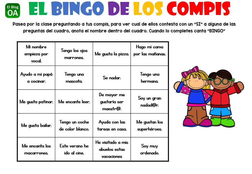 El BINGO DE NUESTROS COMPIS DE CLASE Actividad inicial para los ...
