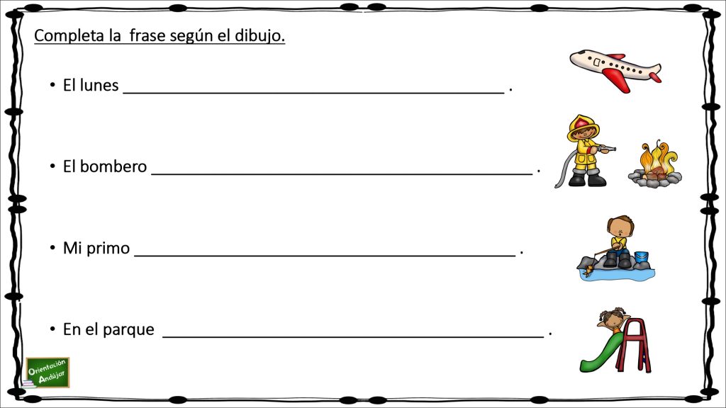 Lectoescritura con ayuda de dibujos: Completa la frase. -Orientacion Andujar