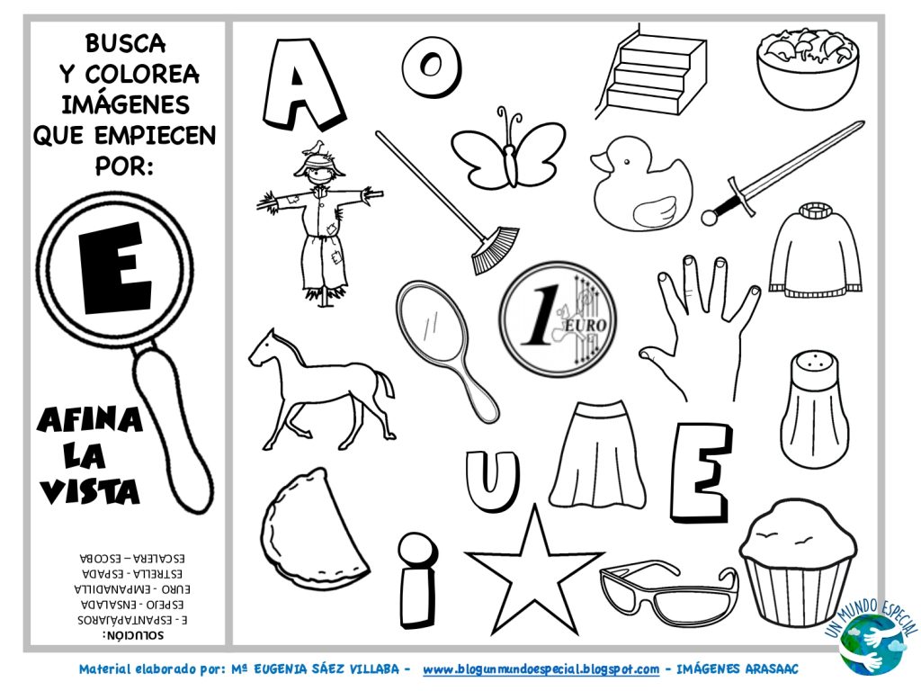 Busca y colorea según la vocal por la que empieza -Orientacion Andujar