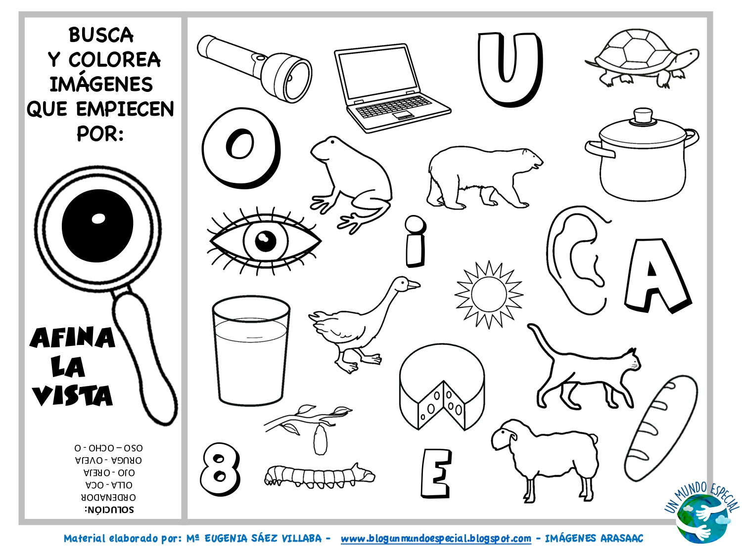 Busca y colorea según la vocal por la que empieza -Orientacion Andujar