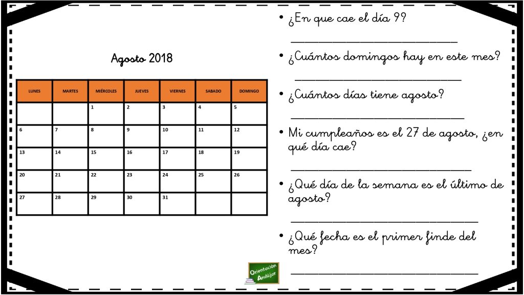 Aprendemos a interpretar un calendario. -Orientacion Andujar