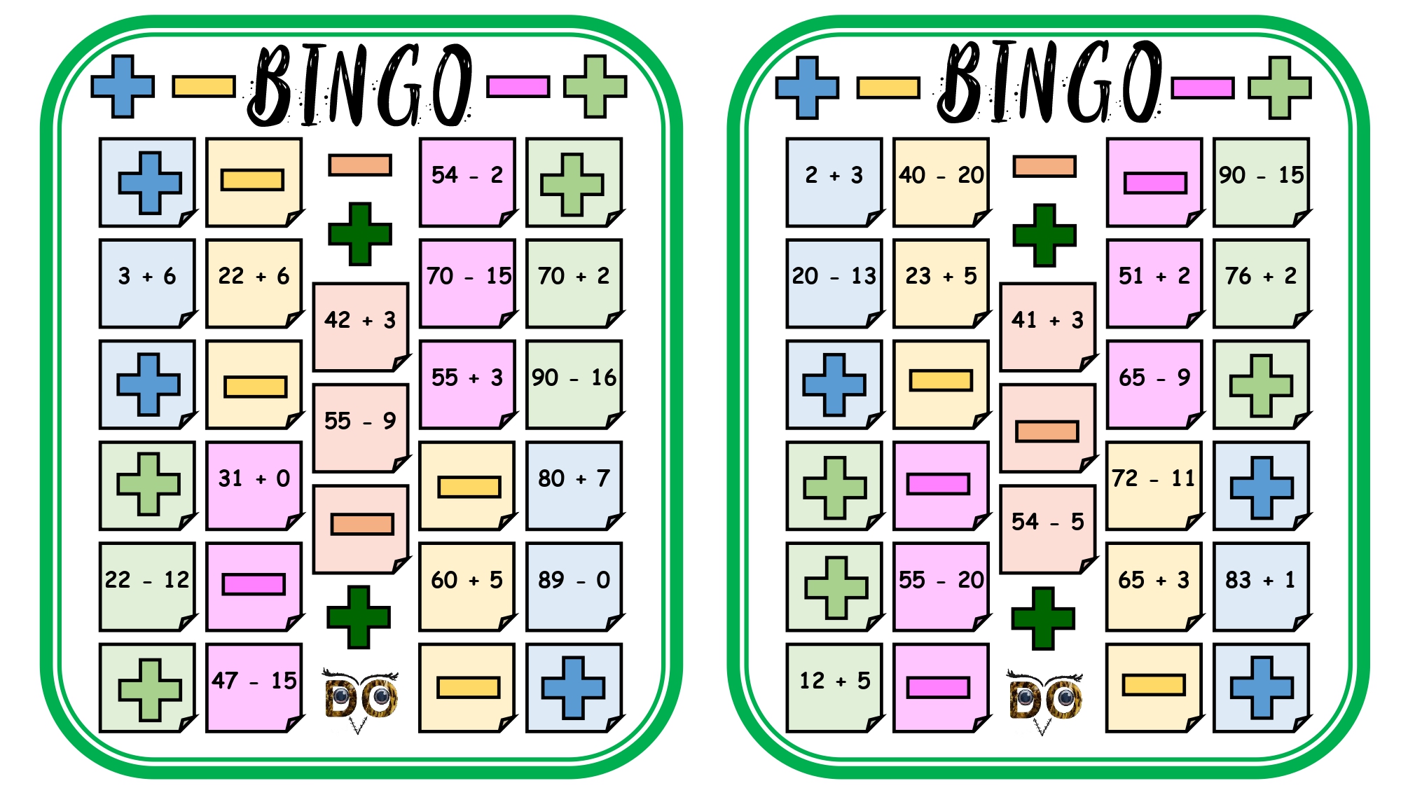 Bingo con y sin llevada sumas y restas hasta el 90 matemáticas ...