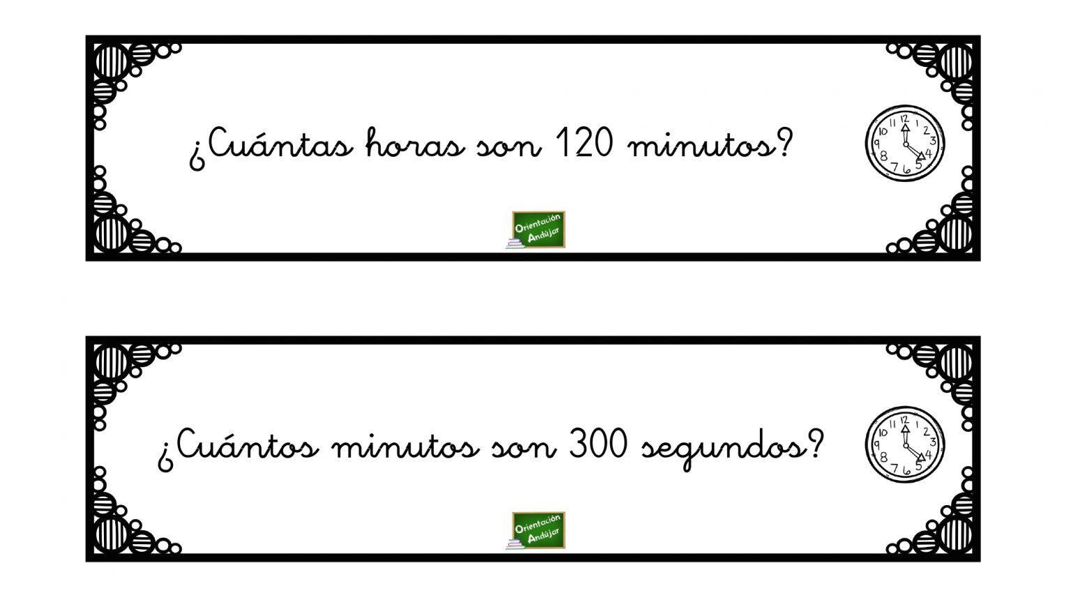 Tarjetas para trabajar: horas, minutos y segundos. -Orientacion Andujar