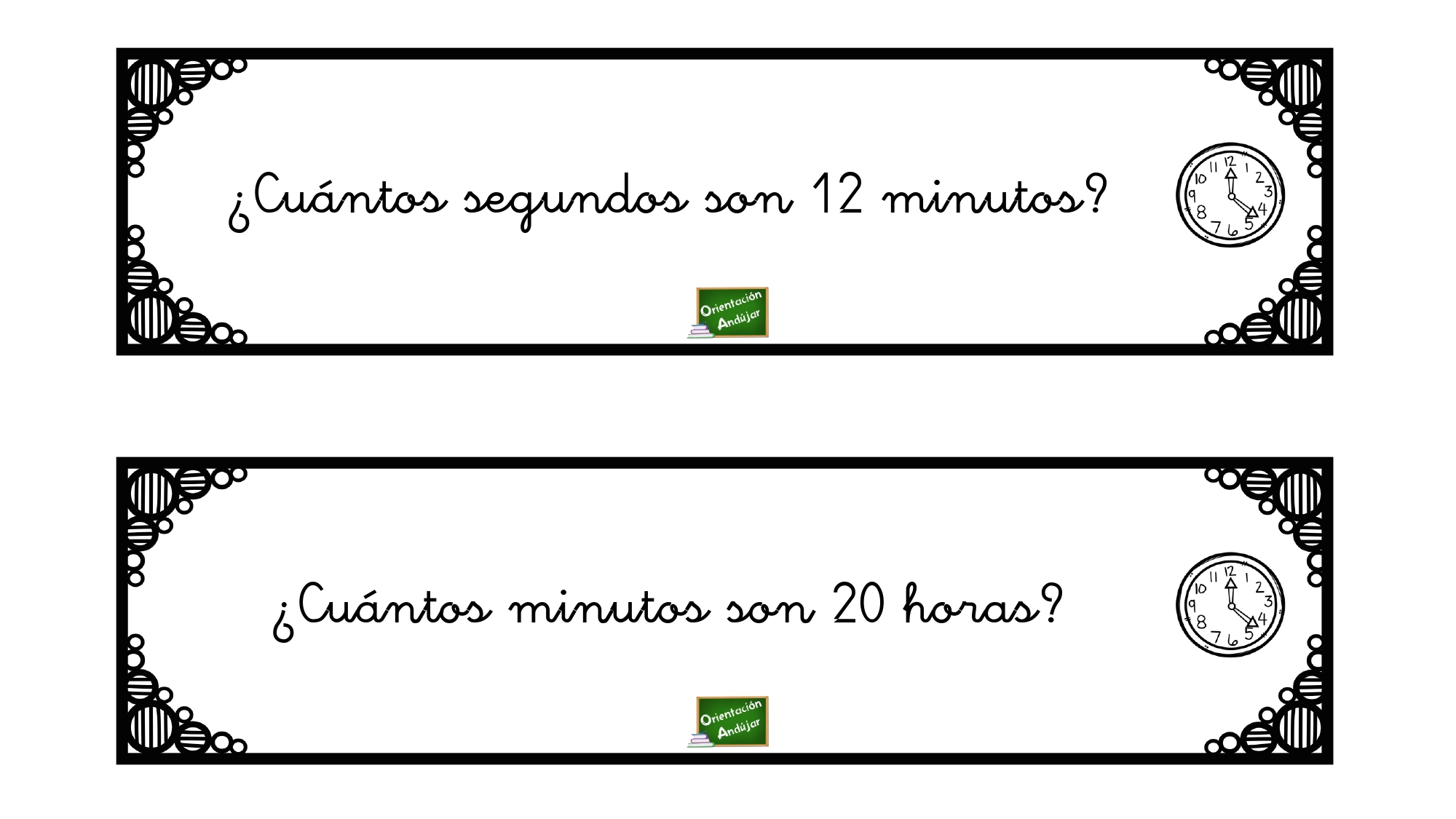 Tarjetas para trabajar: horas, minutos y segundos. -Orientacion Andujar