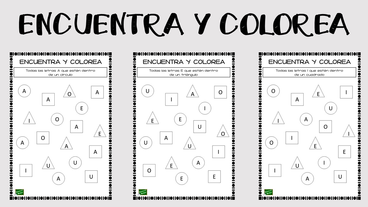 Encuentra y colorea: Vocales y figuras geométricas -Orientacion Andujar