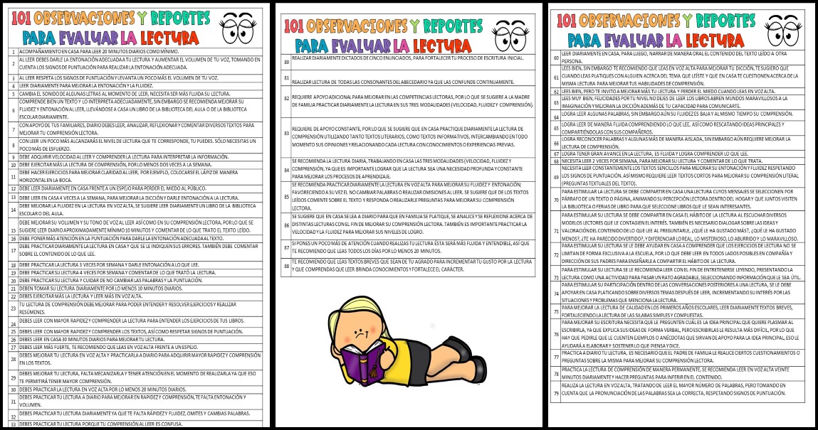 Colección de OBSERVACIONES Y REPORTES PARA EVALUAR LA LECTURA ...