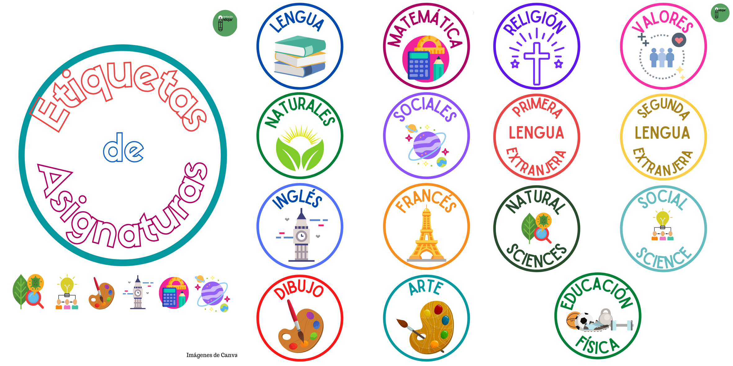 Pack de etiquetas de asignaturas -Orientacion Andujar