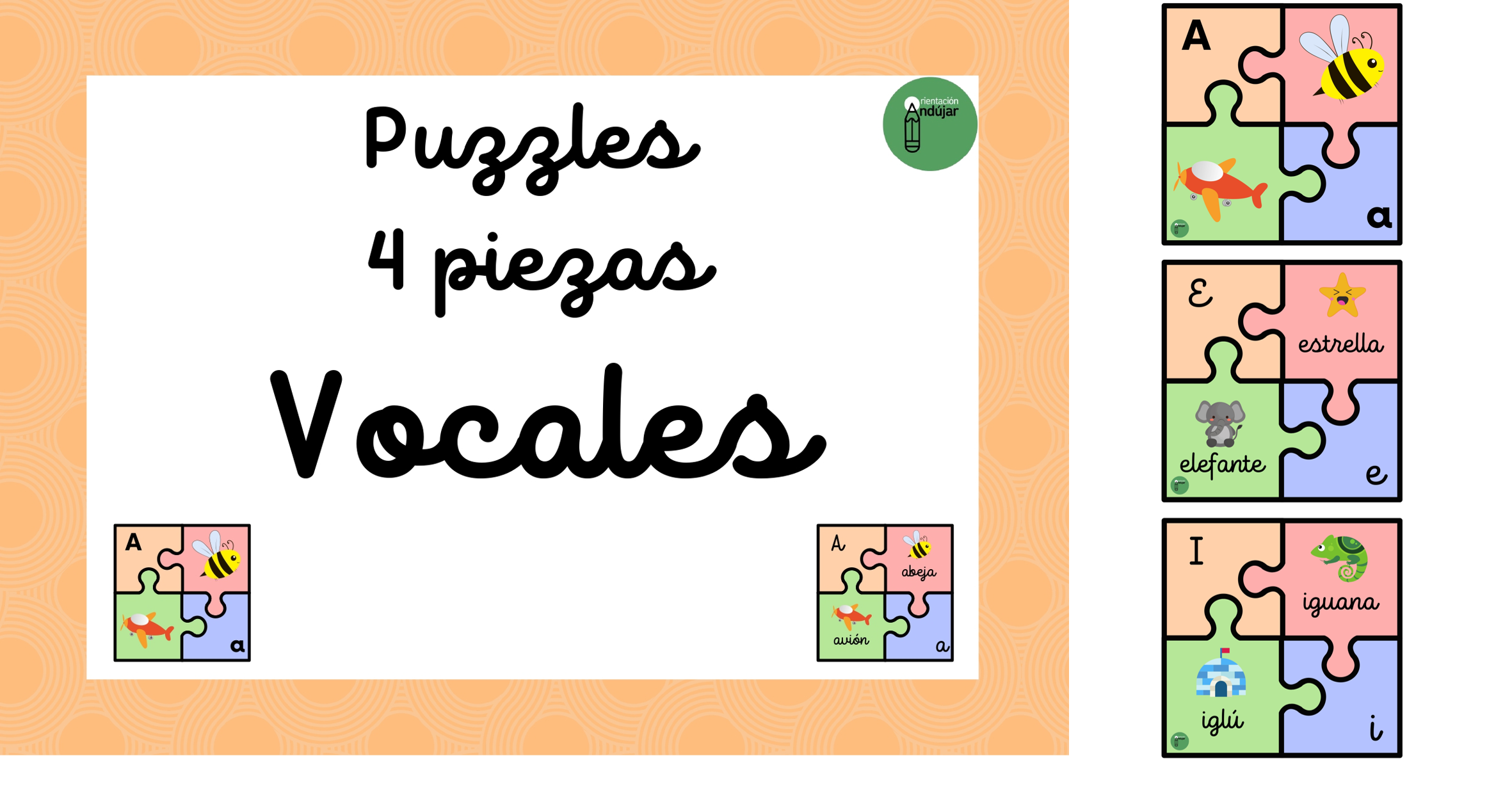Entretenidos puzzles 4 piezas sobre las vocales - Orientacion Andujar