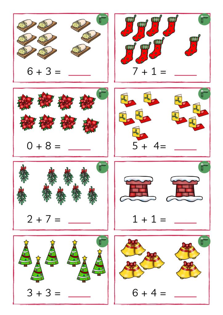 Coloridas tarjetas de sumas hasta el 10: Navidad - Orientacion Andujar