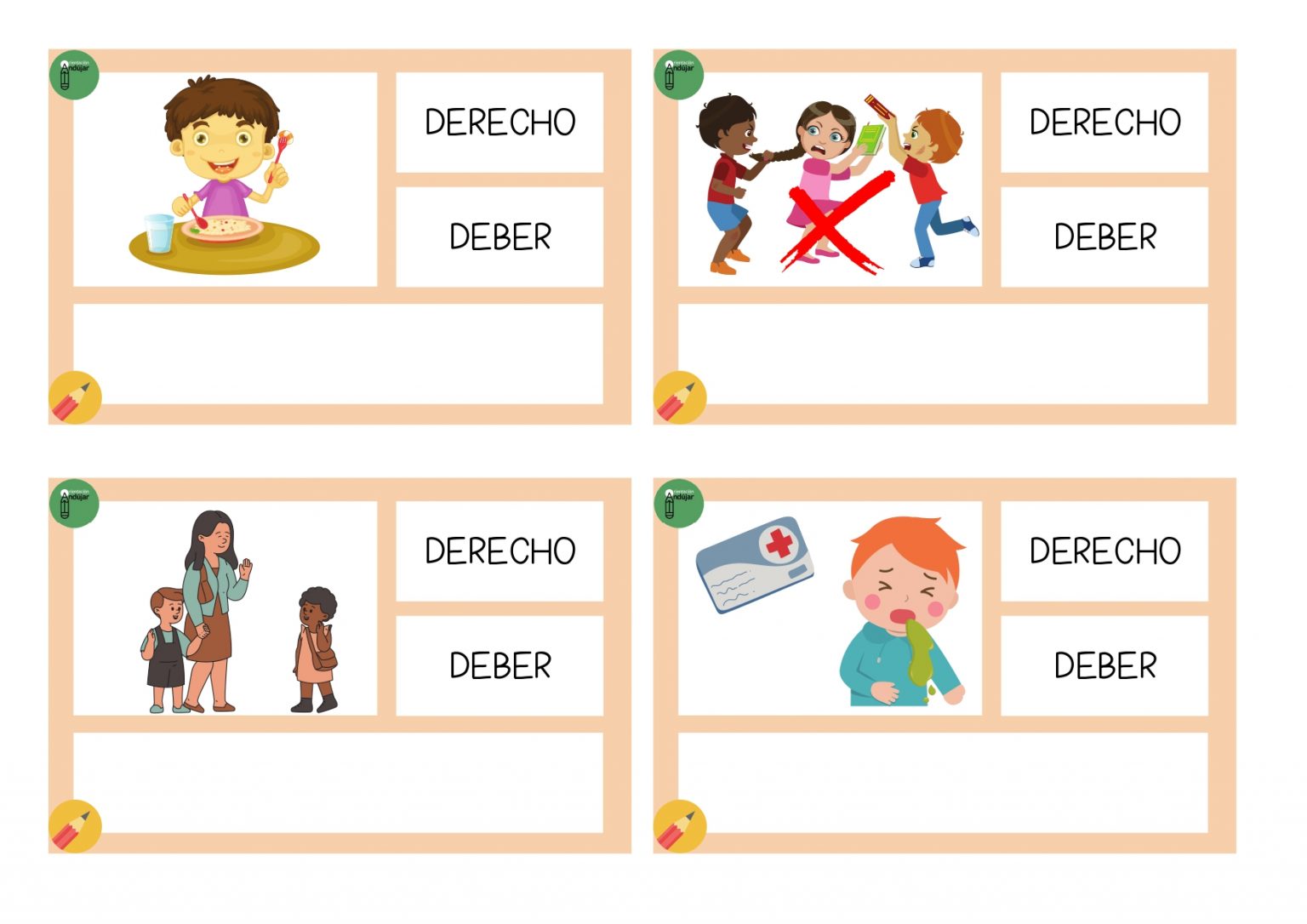Geniales tarjetas para diferenciar derechos y deberes - Orientacion Andujar