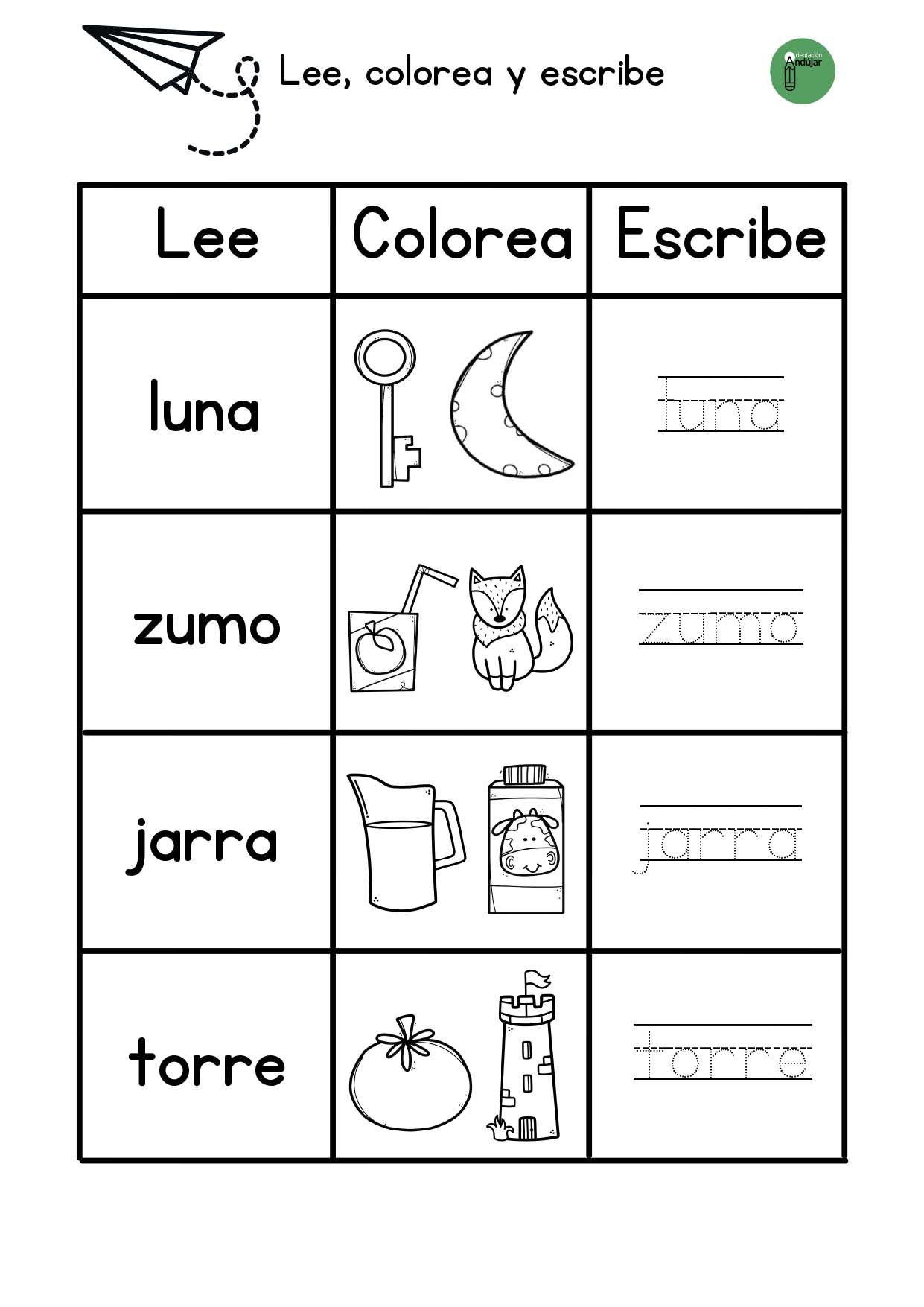 Lee, colorea y escribe - Orientacion Andujar