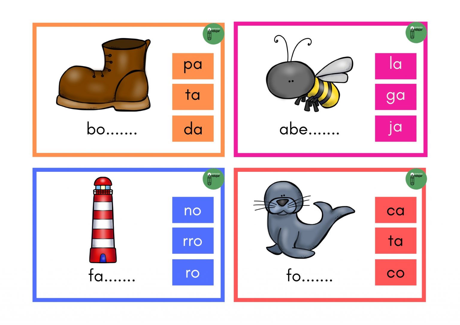 Bonitas tarjetas conciencia fonológica: sílaba final - Orientacion Andujar