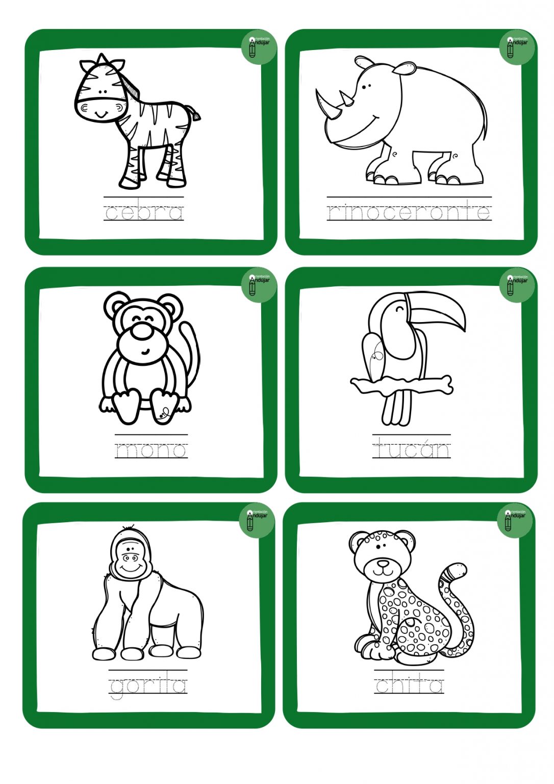 Traza y colorea los animales de la selva - Orientacion Andujar