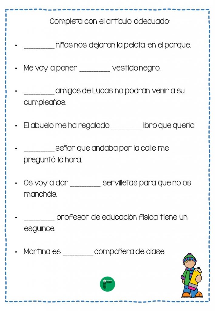 Ejercicio de lengua: Artículos - Orientacion Andujar