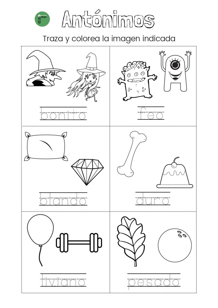 Antónimos: traza y colorea la imagen indicada - Orientacion Andujar