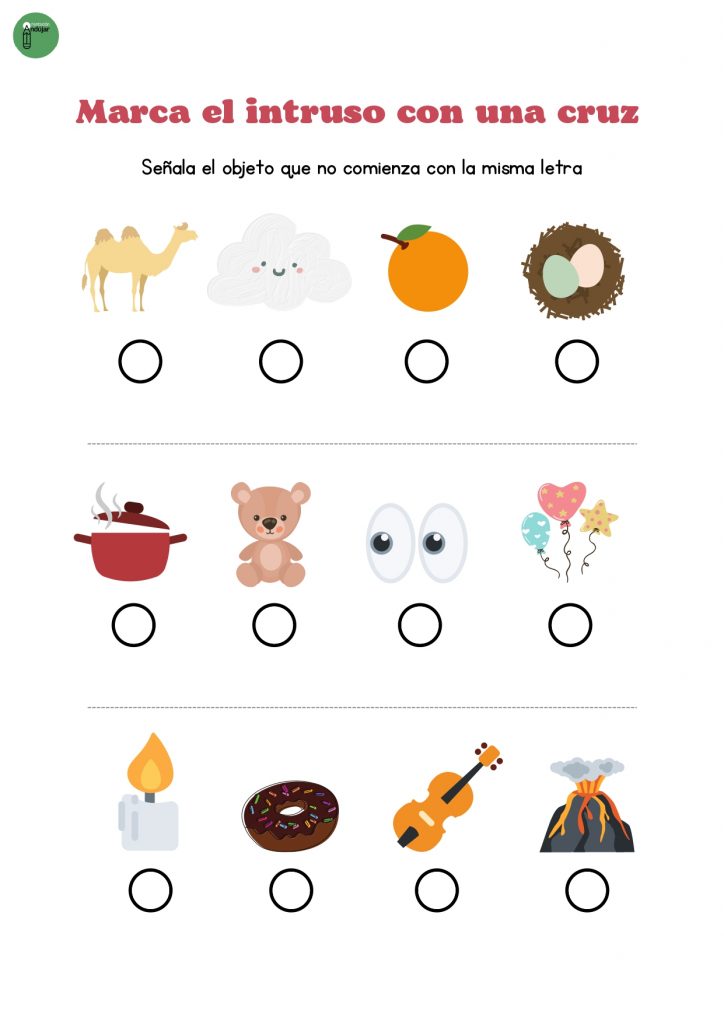 Conciencia fonológica letra inicial: Señala el intruso - Actividades de infantil y primaria