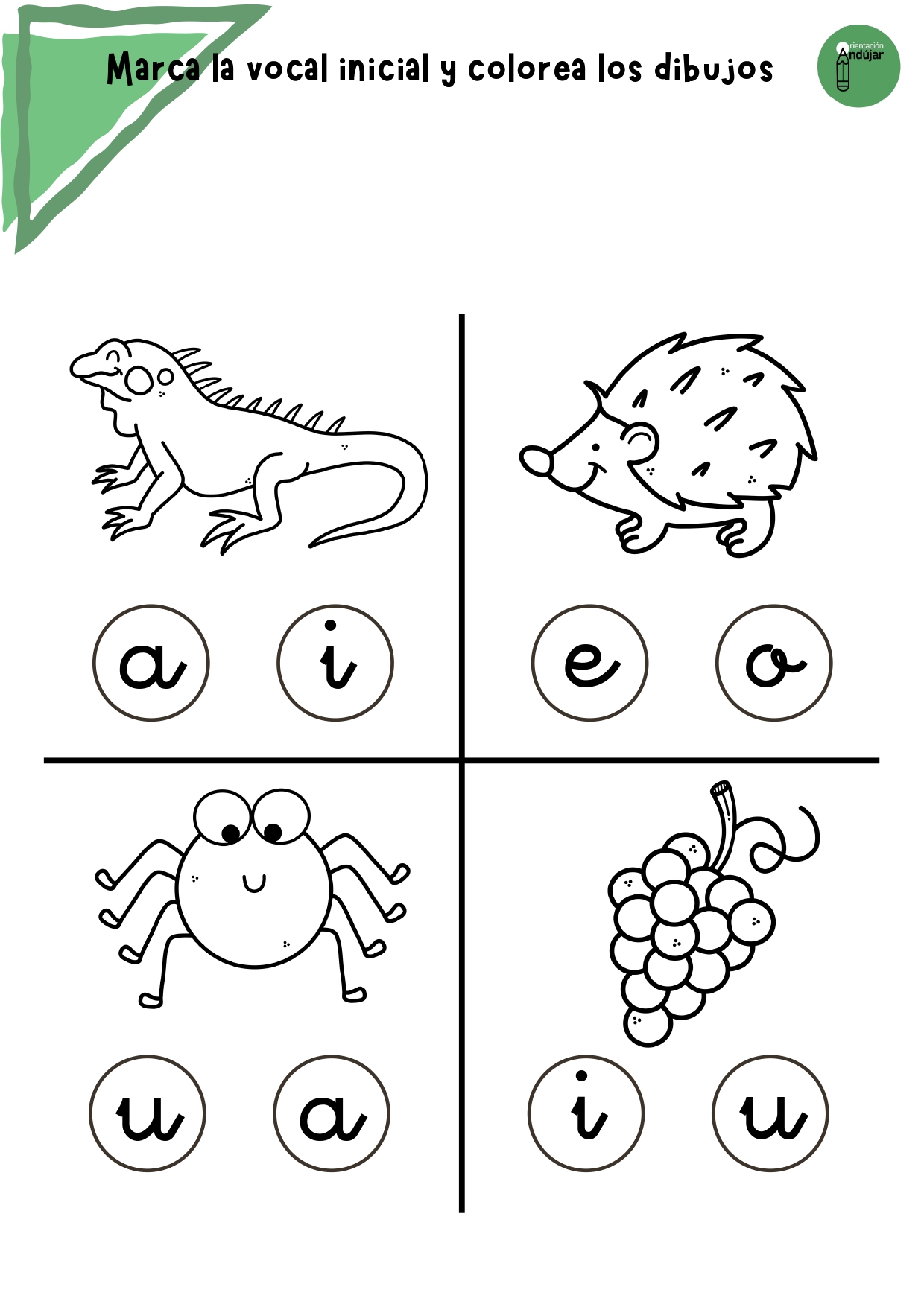 Conciencia fonológica: marca la vocal inicial y colorea los dibujos ...