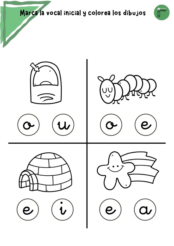Conciencia fonológica: marca la vocal inicial y colorea los dibujos ...