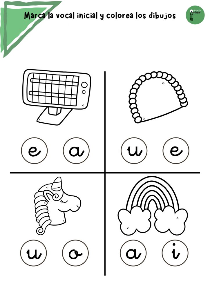 Conciencia fonológica: marca la vocal inicial y colorea los dibujos ...