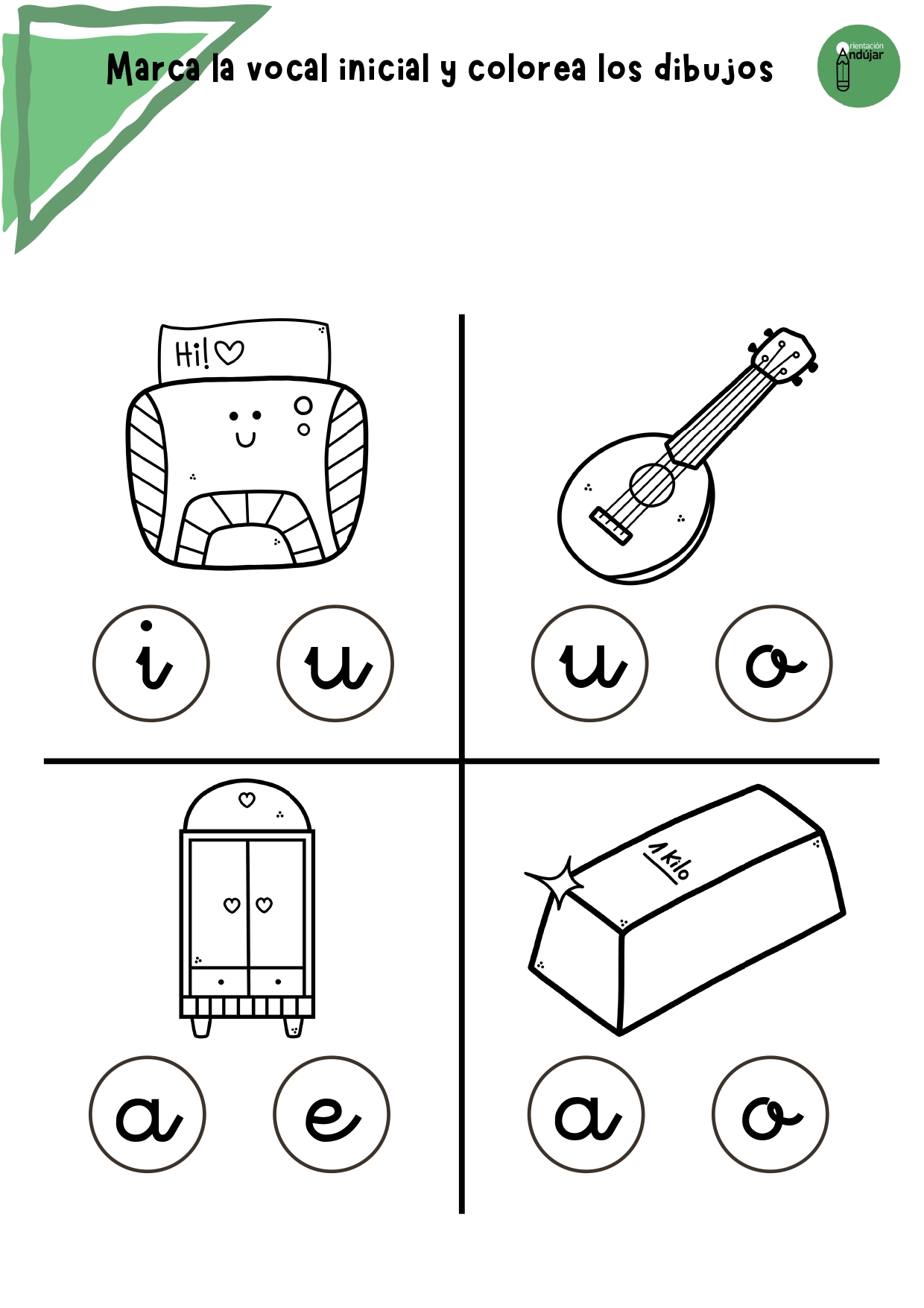 Conciencia fonológica: marca la vocal inicial y colorea los dibujos ...