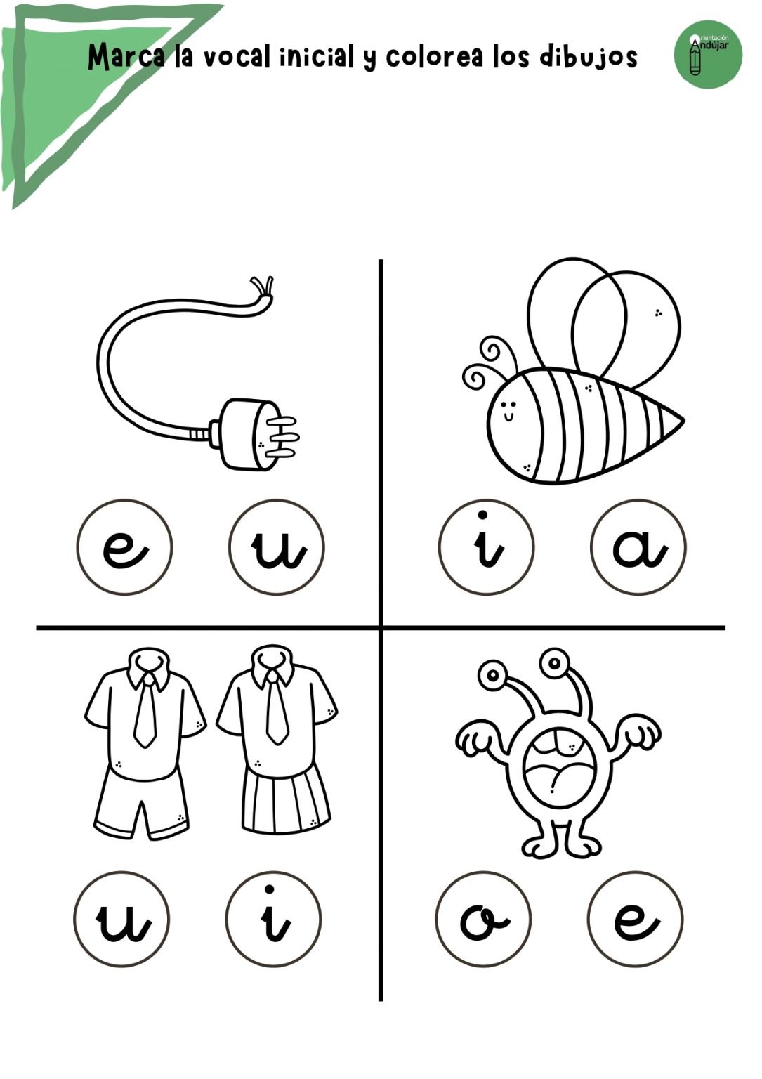 Conciencia fonológica: marca la vocal inicial y colorea los dibujos ...