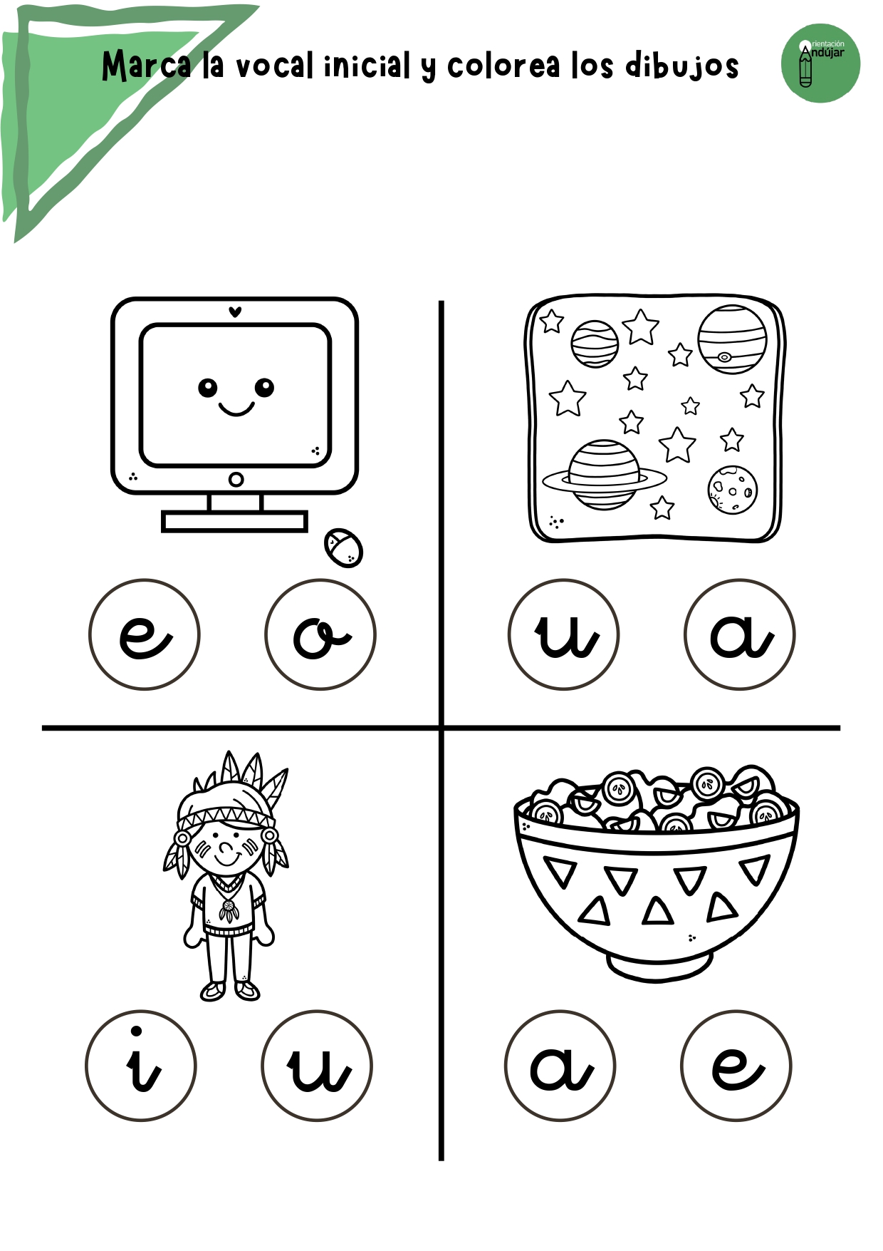 Conciencia fonológica: marca la vocal inicial y colorea los dibujos ...
