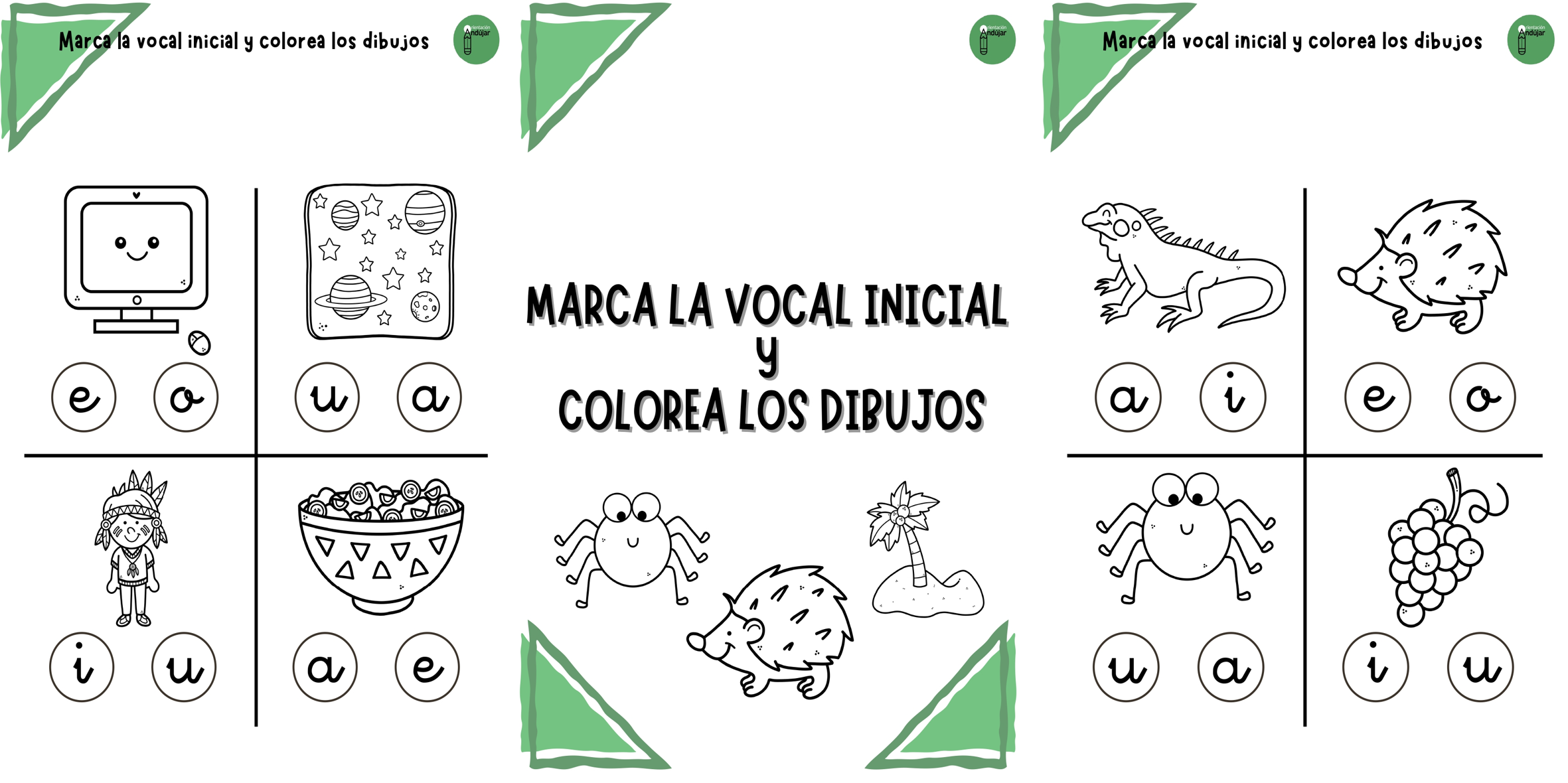 Conciencia fonológica: marca la vocal inicial y colorea los dibujos ...