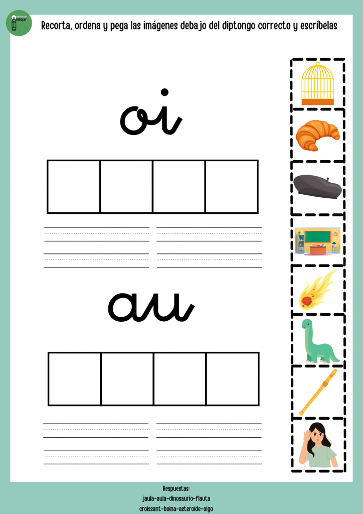 Recorta, pega y escribe DÍFONOS VOCÁLICOS o DIPTONGOS - Orientacion Andujar