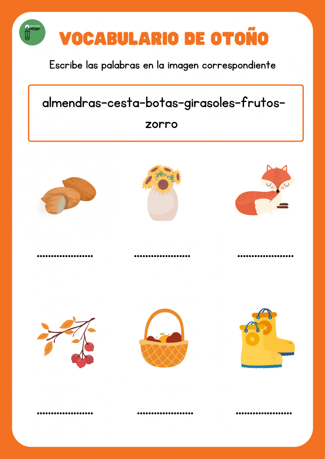 Vocabulario de Otoño: bonitas tarjetas de escritura - Orientacion Andujar