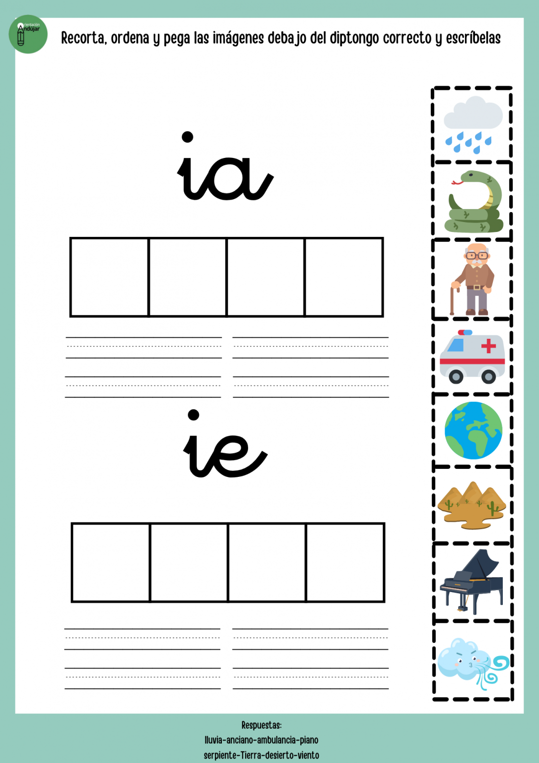 Recorta, pega y escribe DÍFONOS VOCÁLICOS o DIPTONGOS - Orientacion Andujar