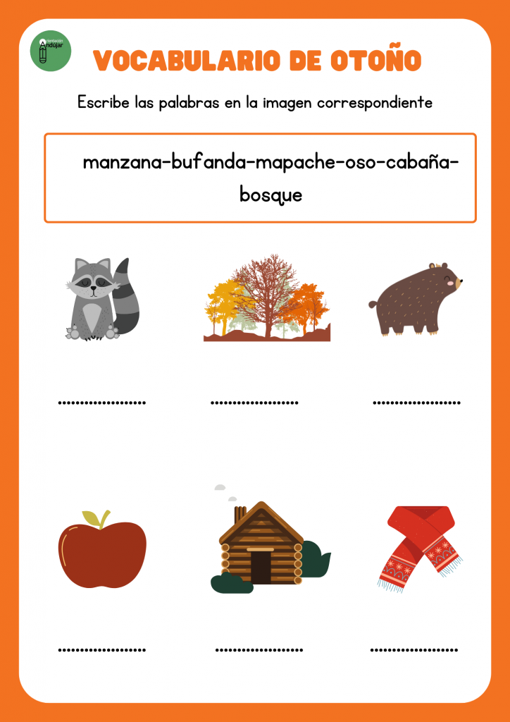 Vocabulario de Otoño: bonitas tarjetas de escritura - Orientacion Andujar