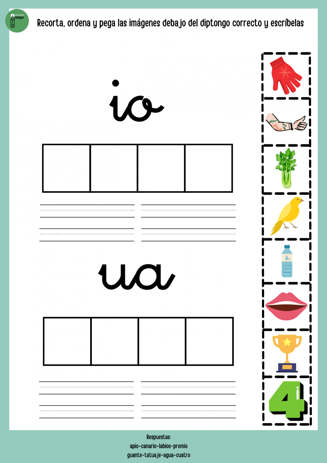 Recorta, pega y escribe DÍFONOS VOCÁLICOS o DIPTONGOS - Orientacion Andujar