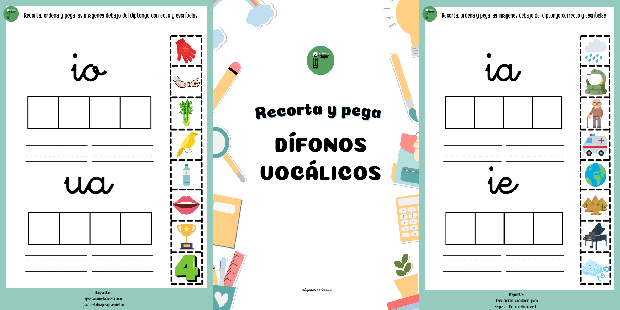 Recorta, pega y escribe DÍFONOS VOCÁLICOS o DIPTONGOS - Orientacion Andujar