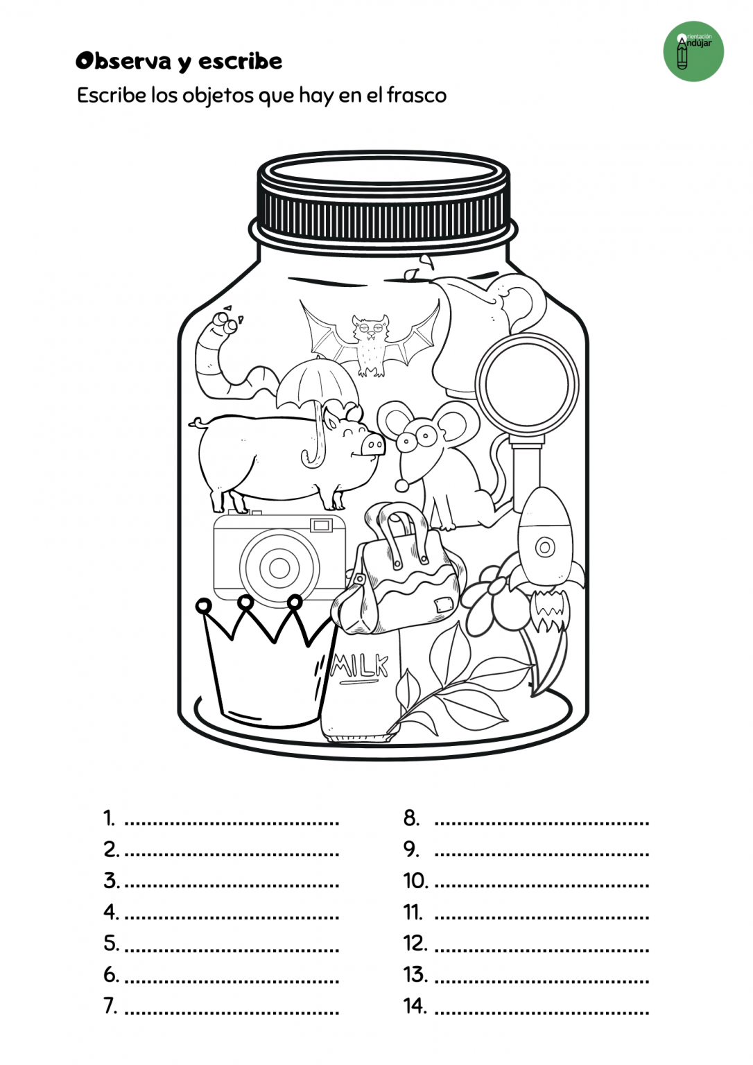 Actividad de atención: escribe todos los objetos del frasco ...