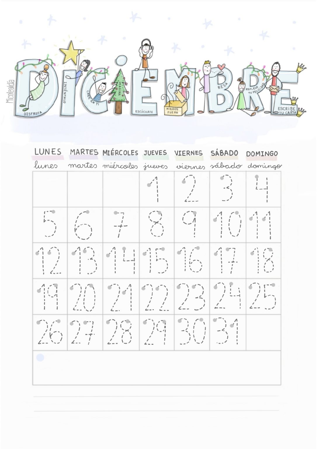 CALENDARIO DICIEMBRE 2022 PUNTEADO para escritura numérica ...