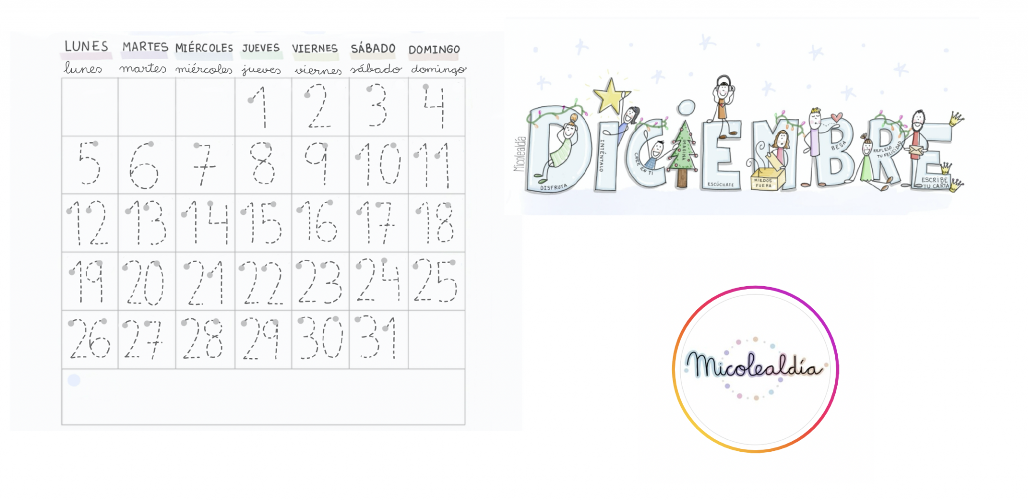 CALENDARIO DICIEMBRE 2022 PUNTEADO para escritura numérica ...