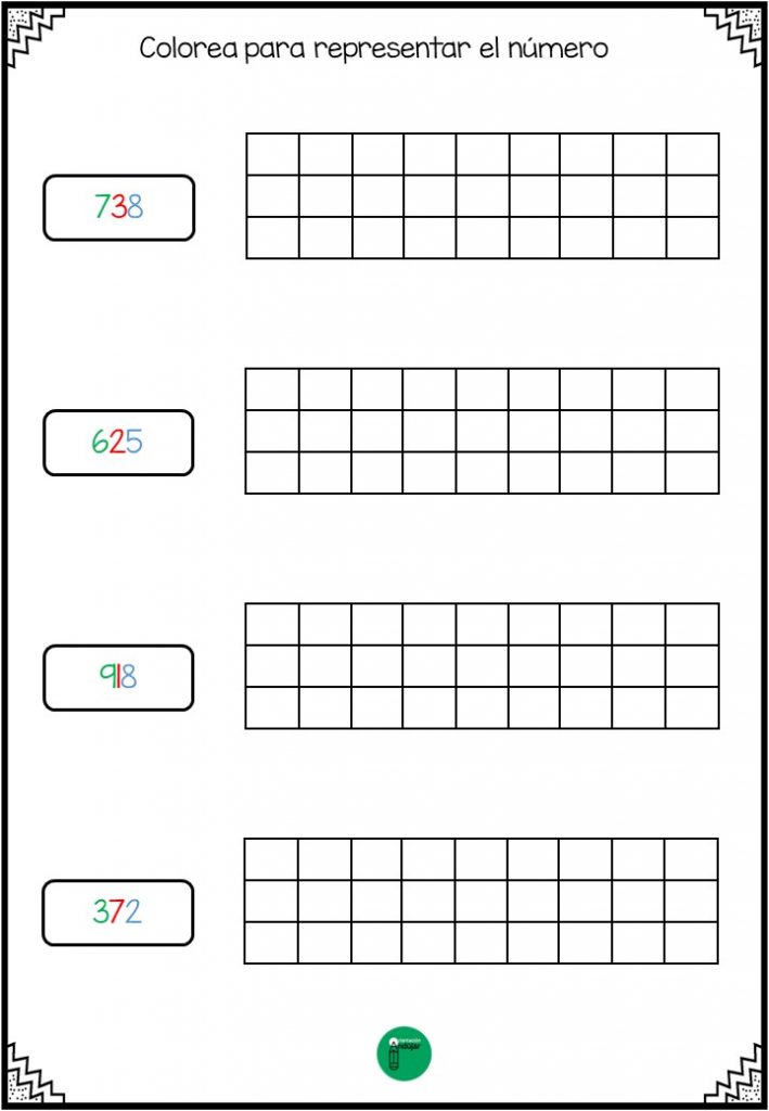 Fichas: Colorea centenas, decenas y unidades - Orientacion Andujar