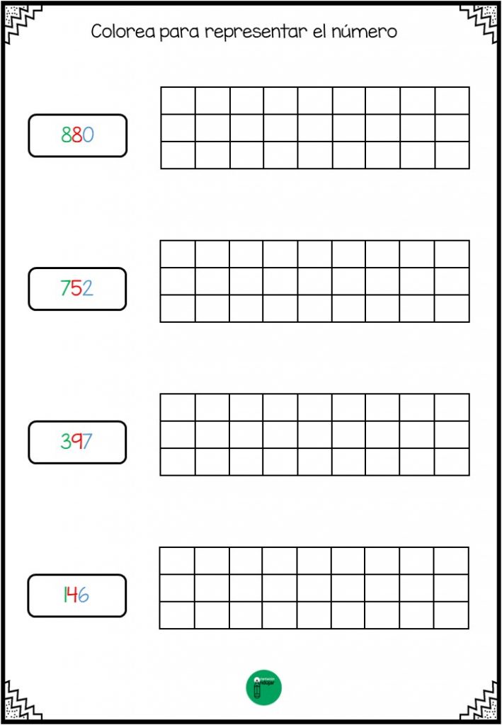 Fichas: Colorea centenas, decenas y unidades - Orientacion Andujar