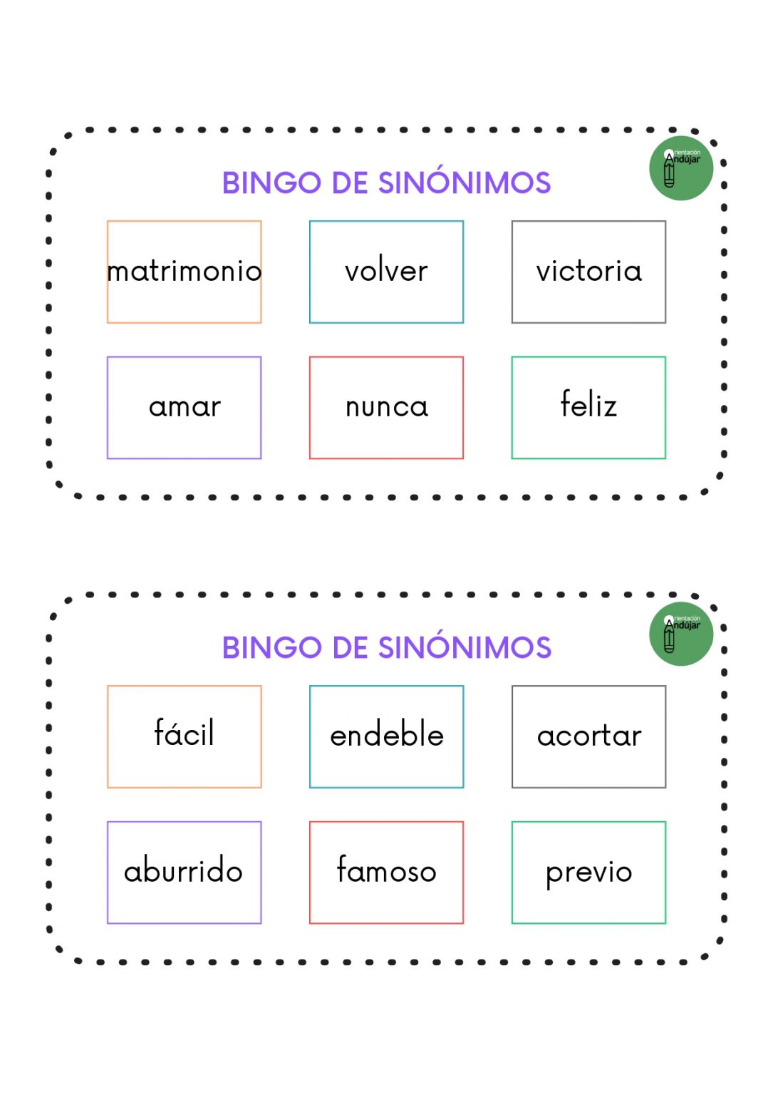 Bingo de SINÓNIMOS Y ANTÓNIMOS - Orientacion Andujar