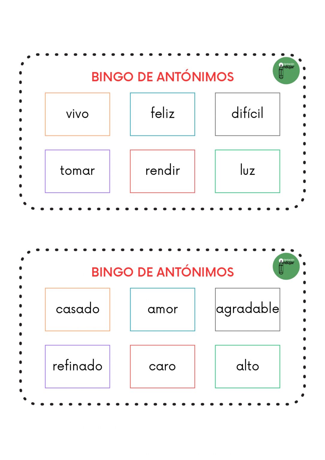 Bingo de SINÓNIMOS Y ANTÓNIMOS - Orientacion Andujar