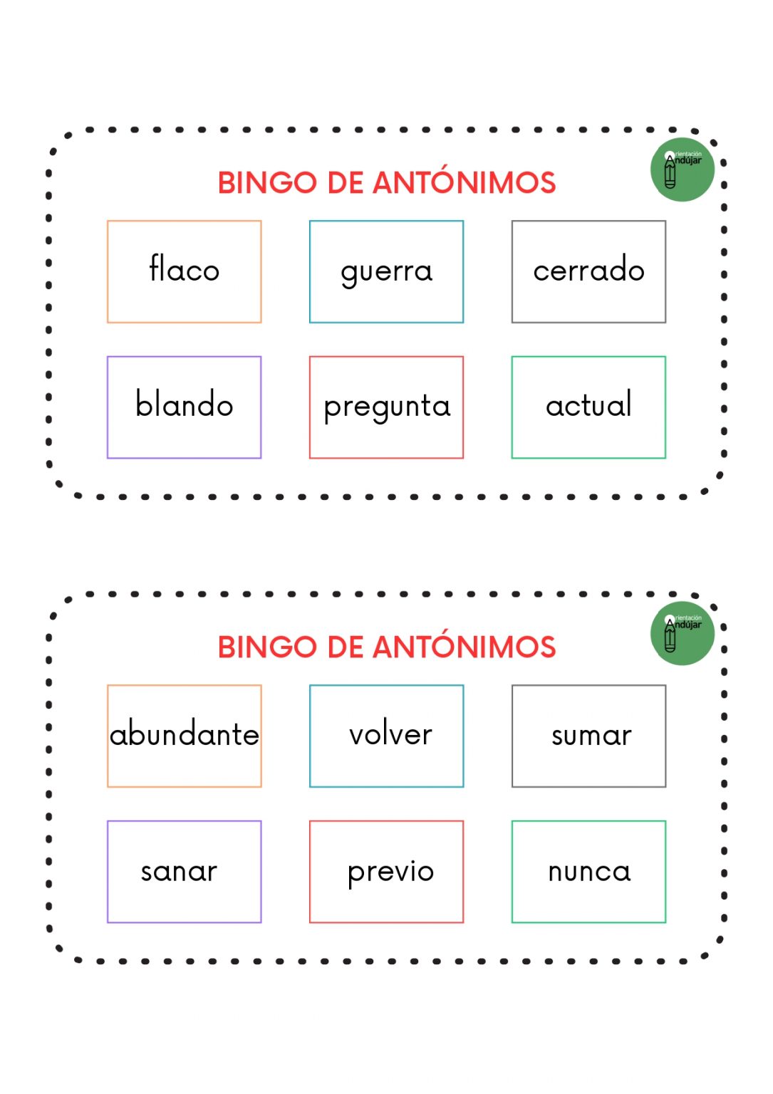Bingo de SINÓNIMOS Y ANTÓNIMOS - Orientacion Andujar