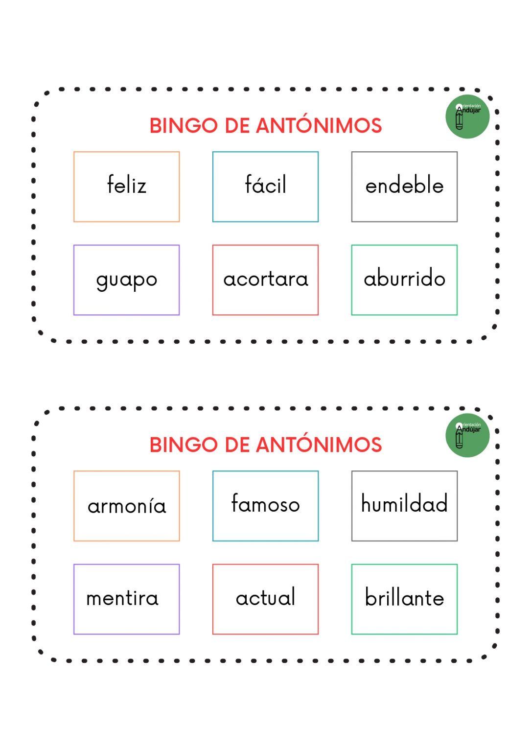 Bingo de SINÓNIMOS Y ANTÓNIMOS - Orientacion Andujar