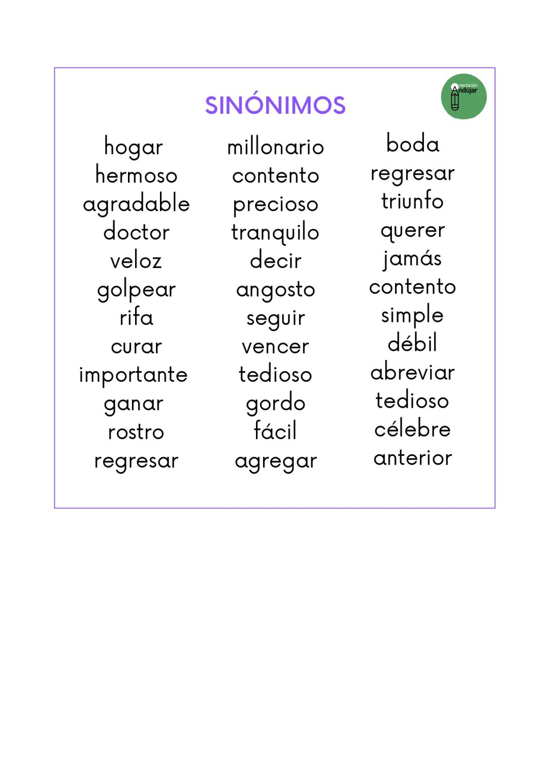 Bingo de SINÓNIMOS Y ANTÓNIMOS - Orientacion Andujar