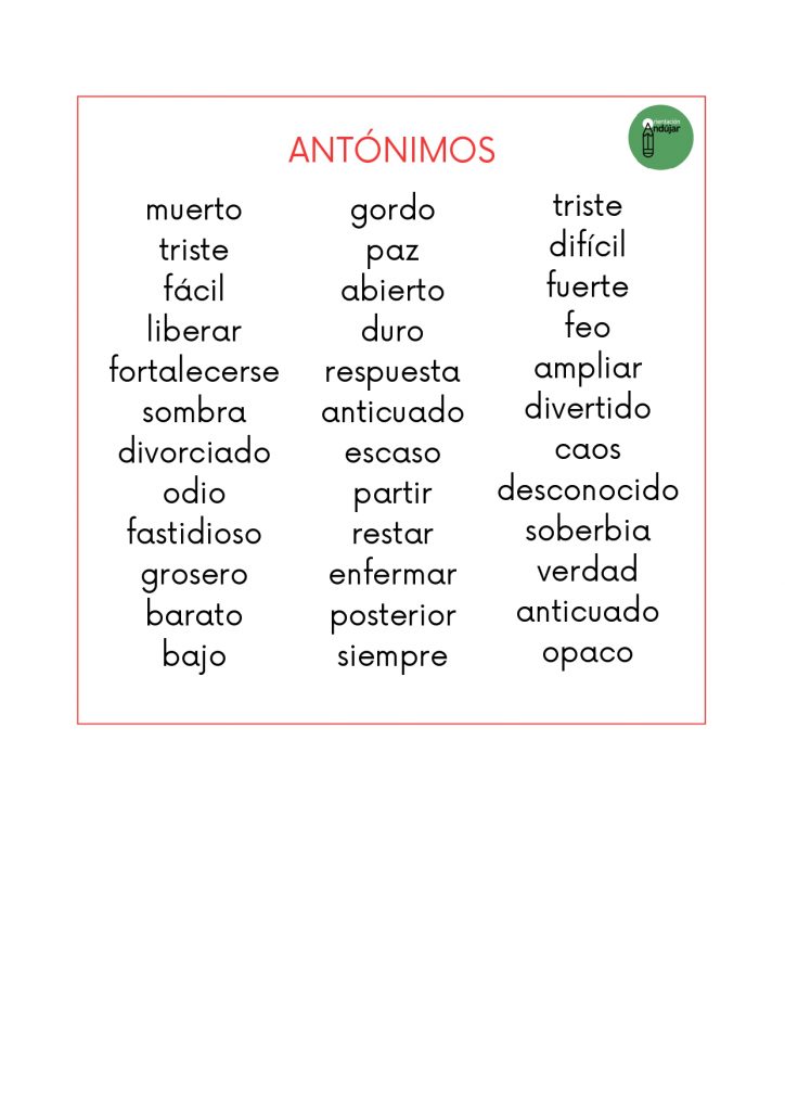 Bingo de SINÓNIMOS Y ANTÓNIMOS - Orientacion Andujar