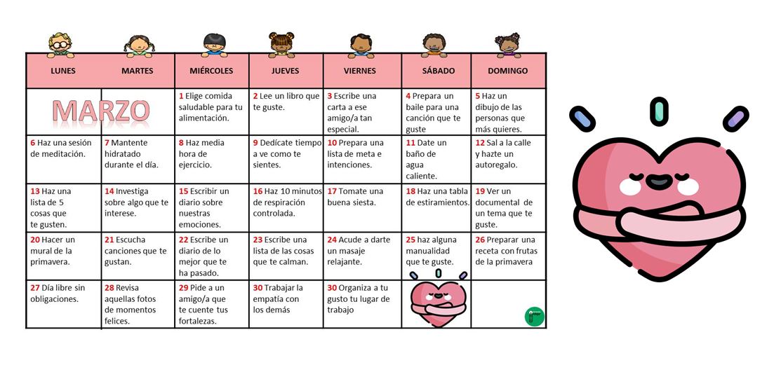 Calendario Autocuidado self care mes de marzo - Orientacion Andujar